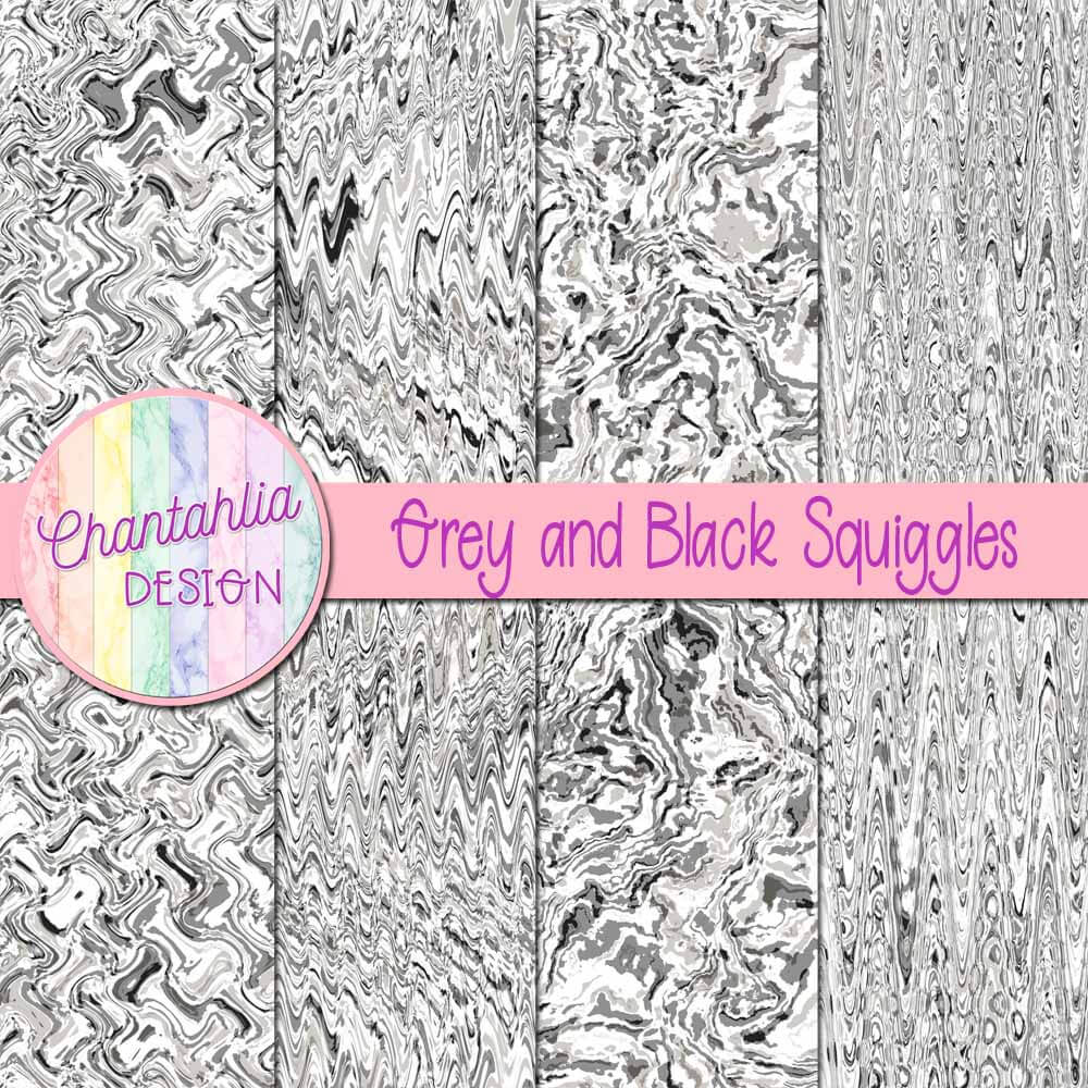 Free Grey and Black Digital Papers with Squiggles Designs