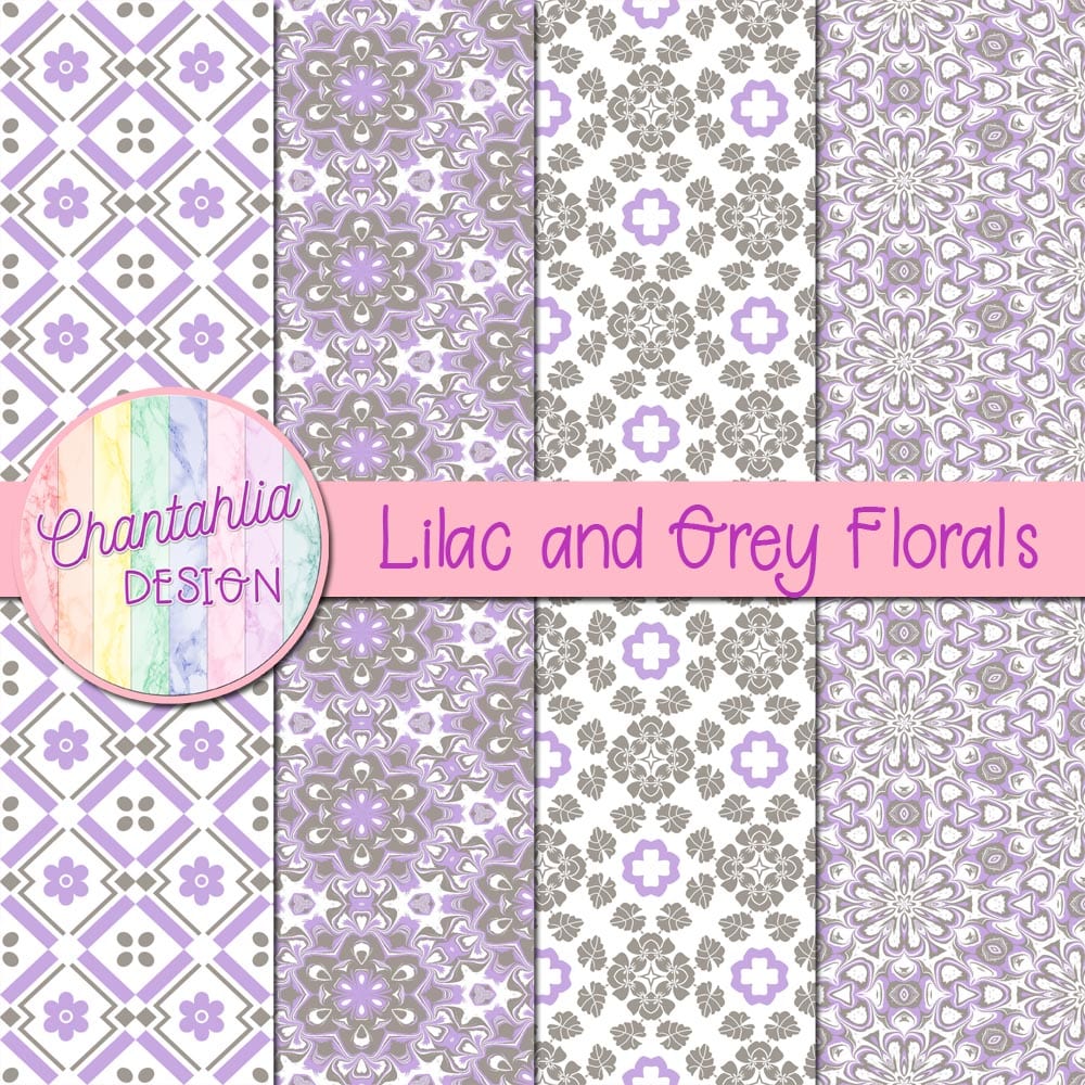 Free Lilac and Grey Digital Papers with Florals Designs