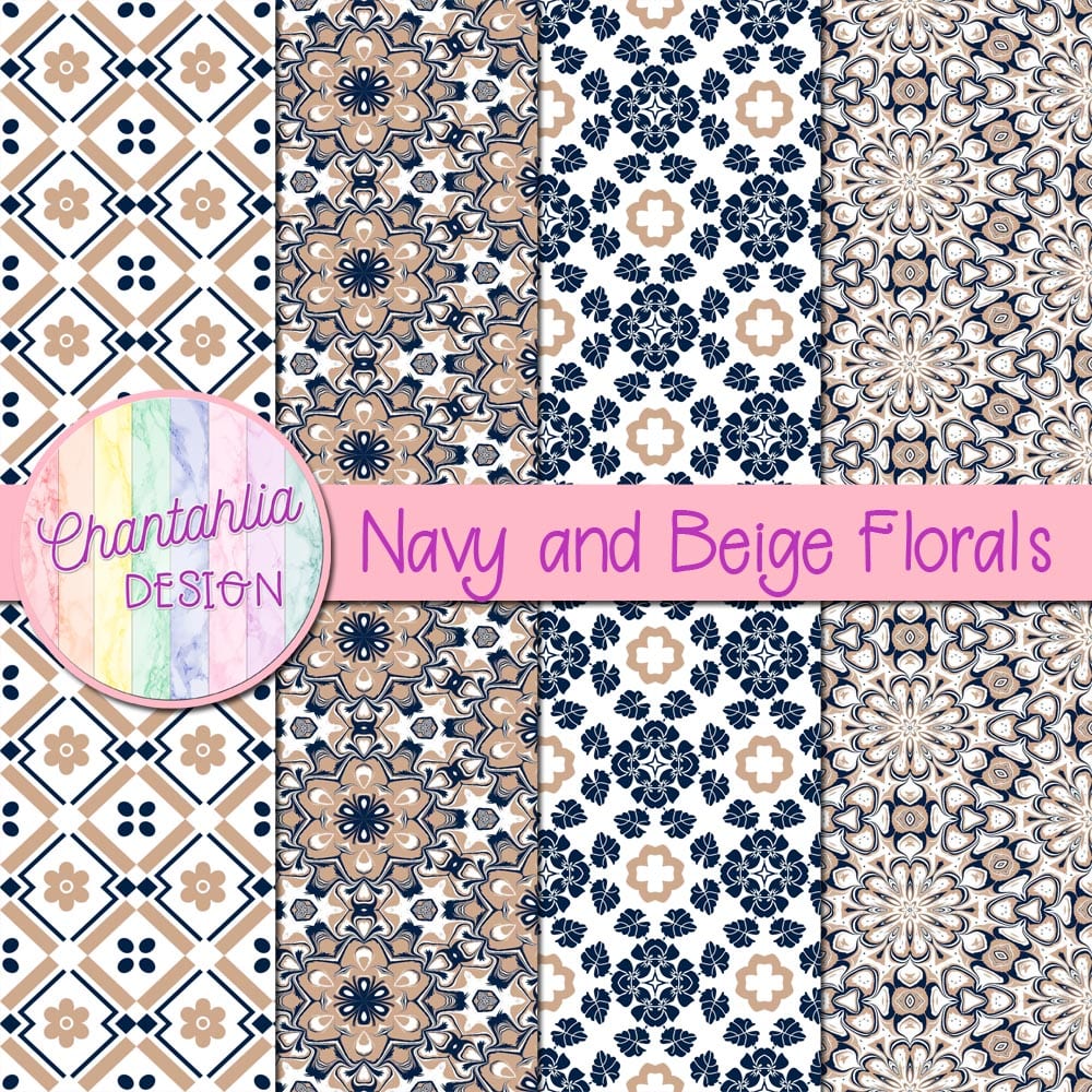 Free Navy and Beige Digital Papers with Florals Designs