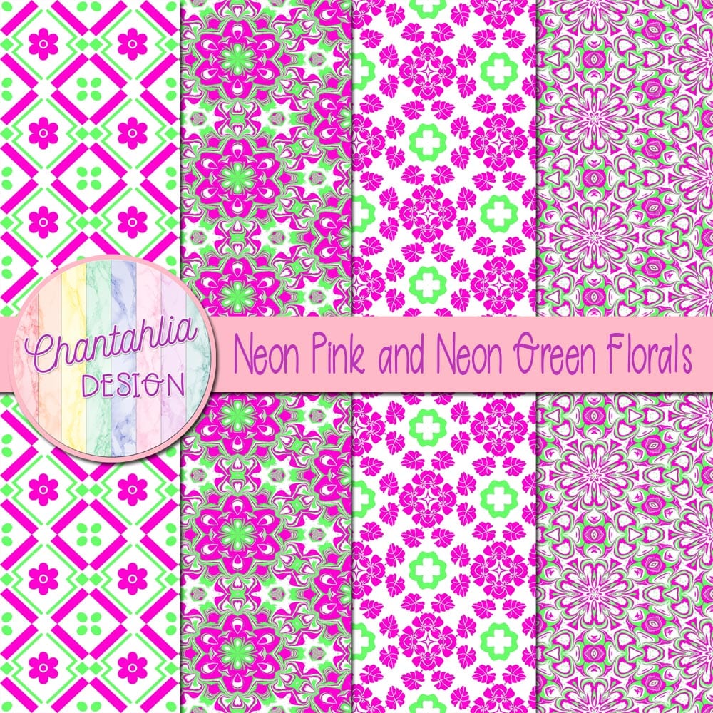 Free Neon Pink and Free Neon Green Digital Papers with Florals Designs