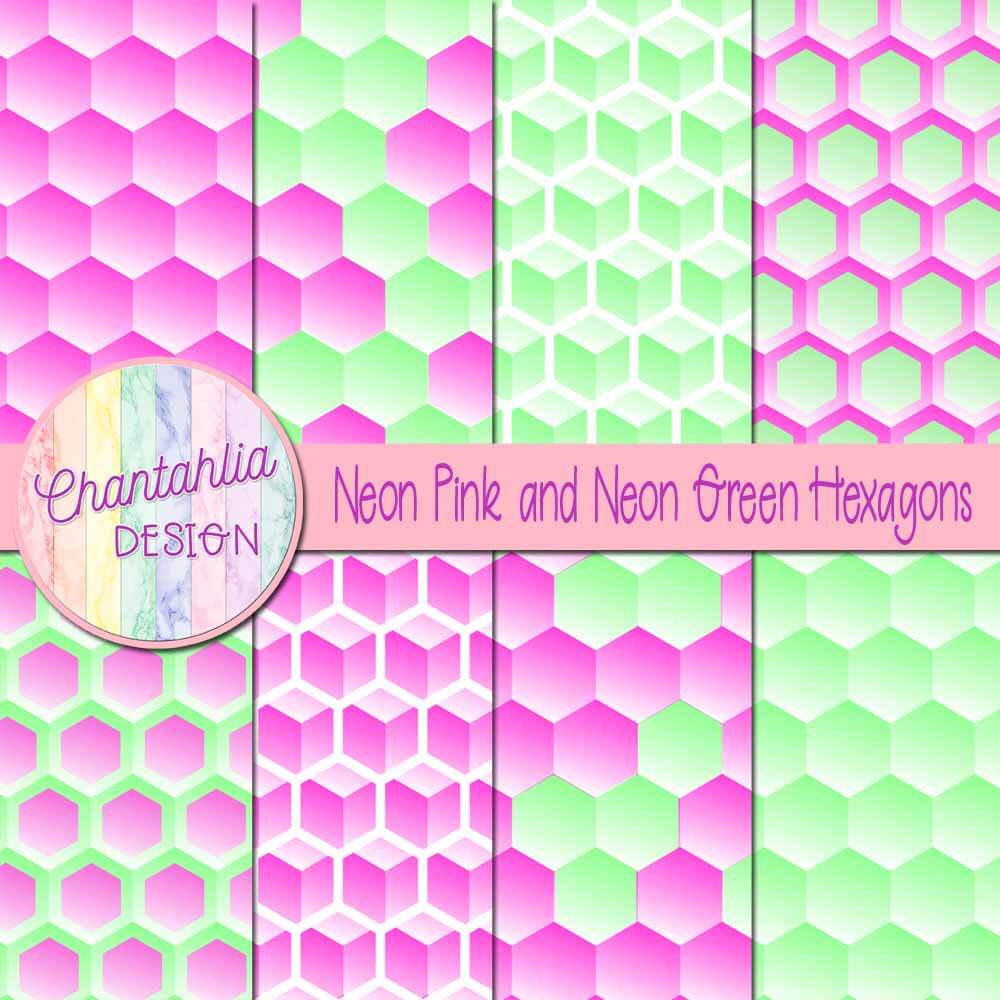 Free Neon Pink and Free Neon Green Digital Papers with Hexagons Designs