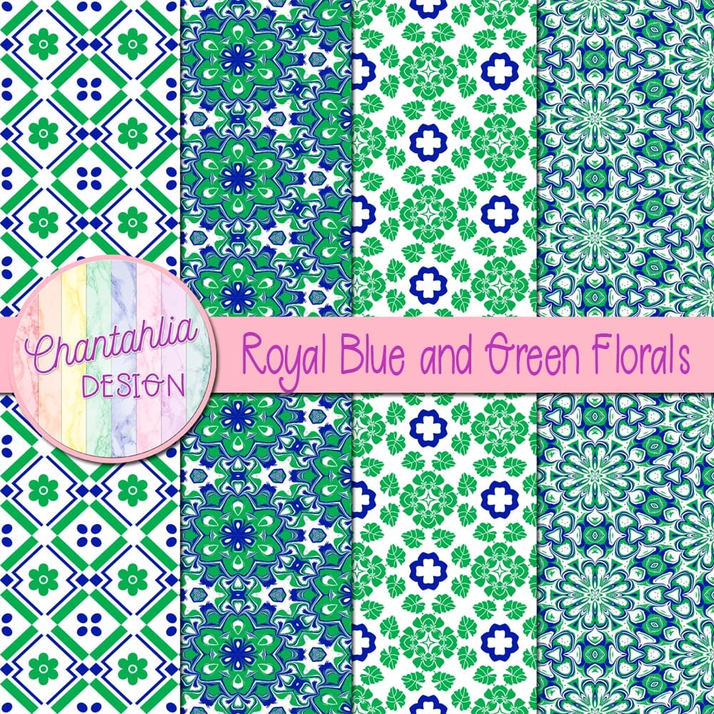 Free Royal Blue and Green Digital Papers with Florals Designs