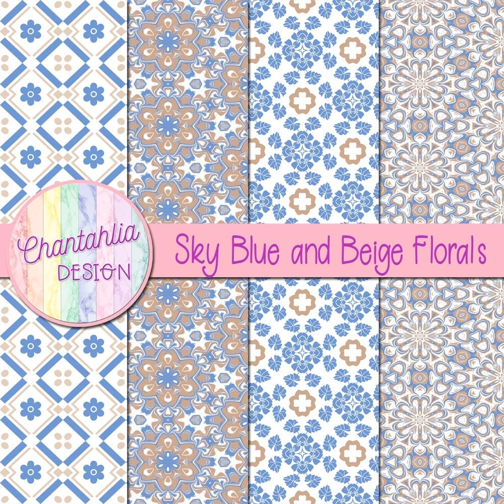 Free Sky Blue and Beige Digital Papers with Florals Designs