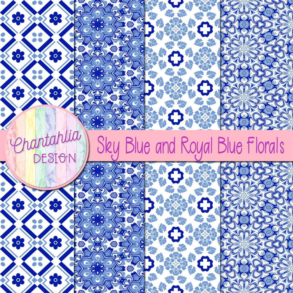 Free Sky Blue and Royal Blue Digital Papers with Florals Designs