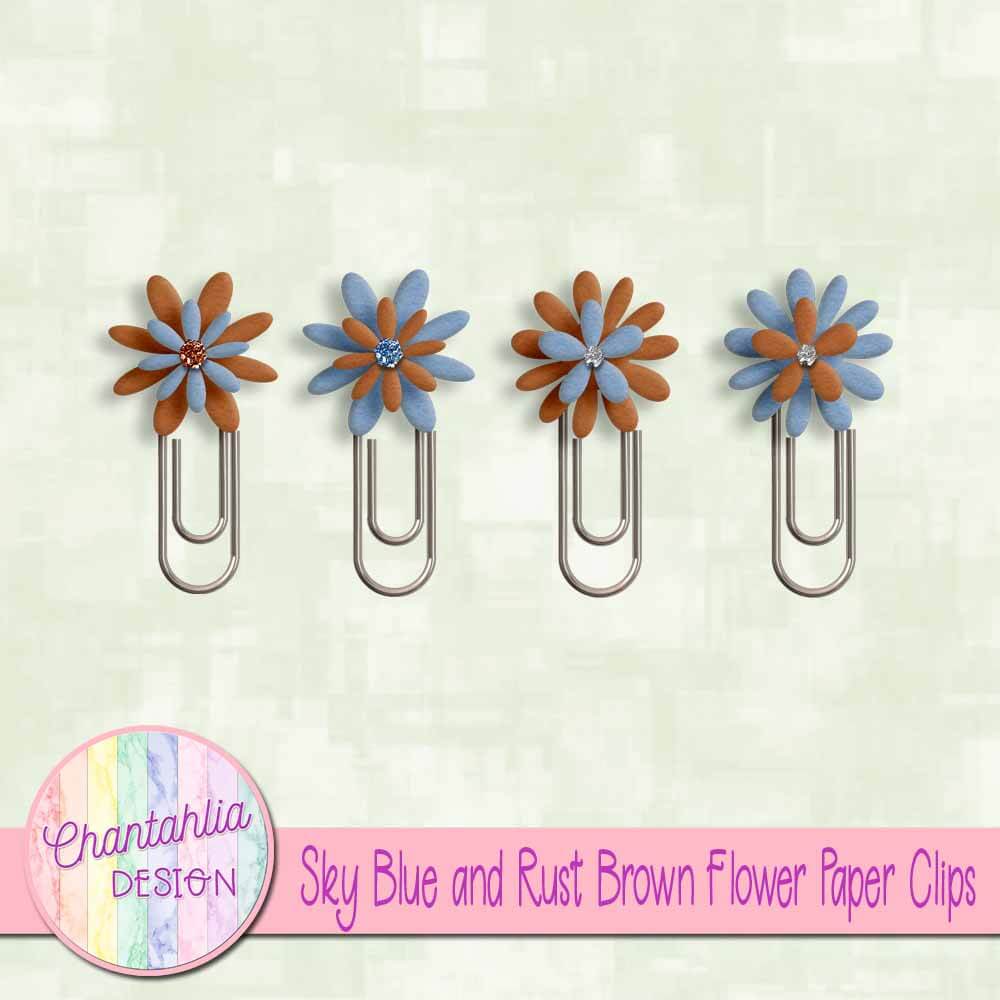 Free Sky Blue and Rust Brown Flower Paper Clips for Digital Scrapbooking
