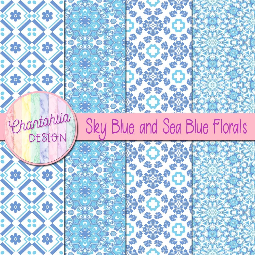 Free Sky Blue and Sea Blue Digital Papers with Florals Designs