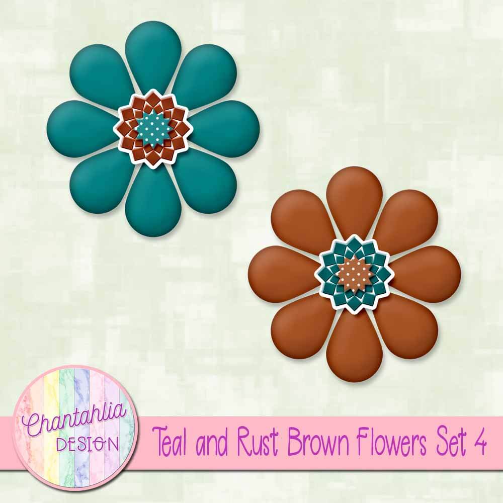 Free Teal and Rust Brown Flowers for Digital Scrapbooking
