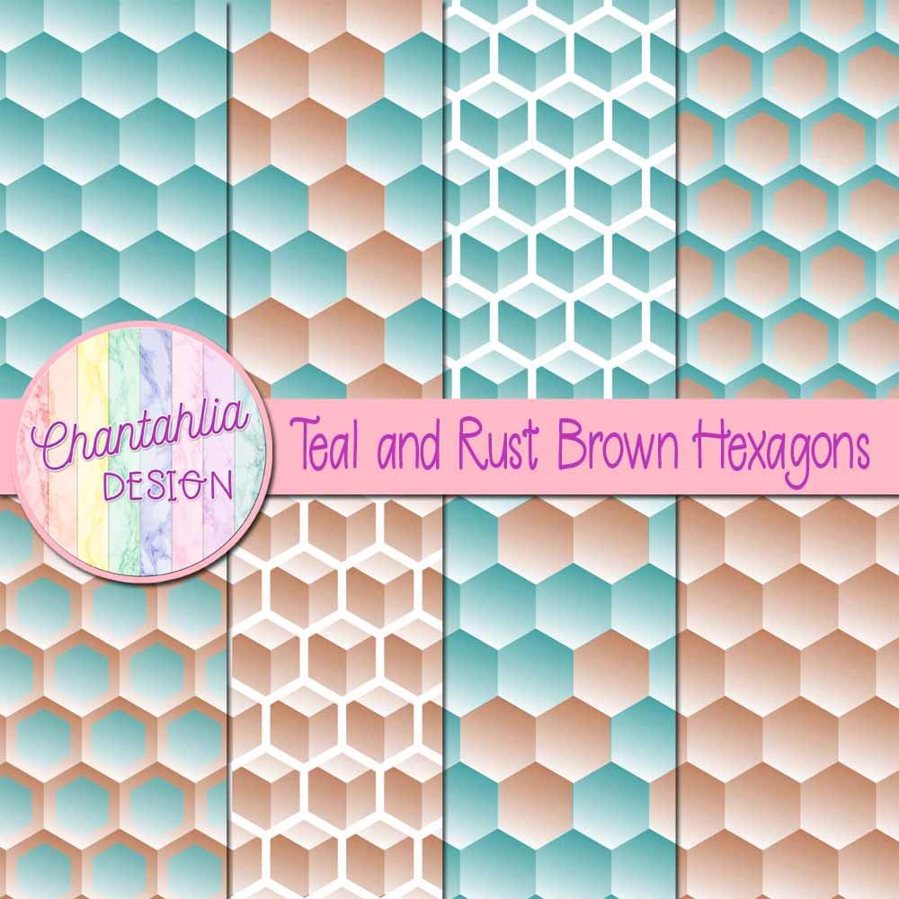 Free Teal and Rust Brown Digital Papers with Hexagons Designs