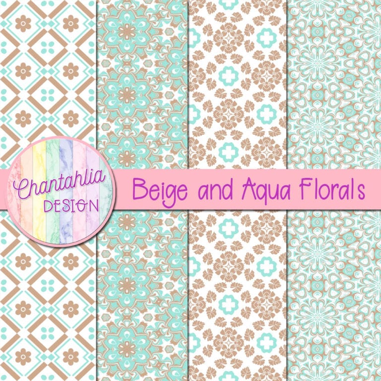 Free Beige and Aqua Digital Papers with Florals Designs