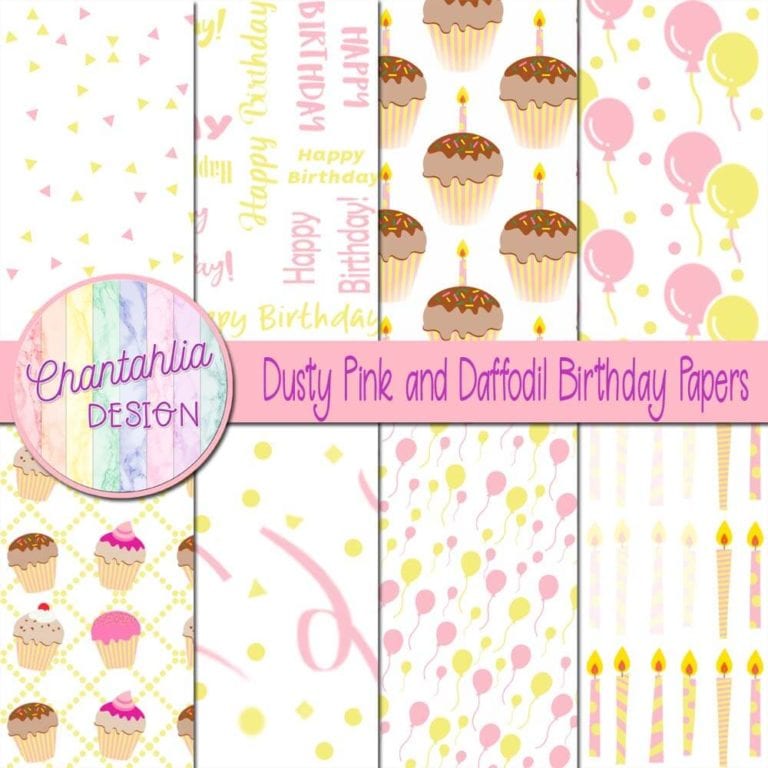 Free Dusty Pink and Daffodil Digital Papers with Birthday Designs