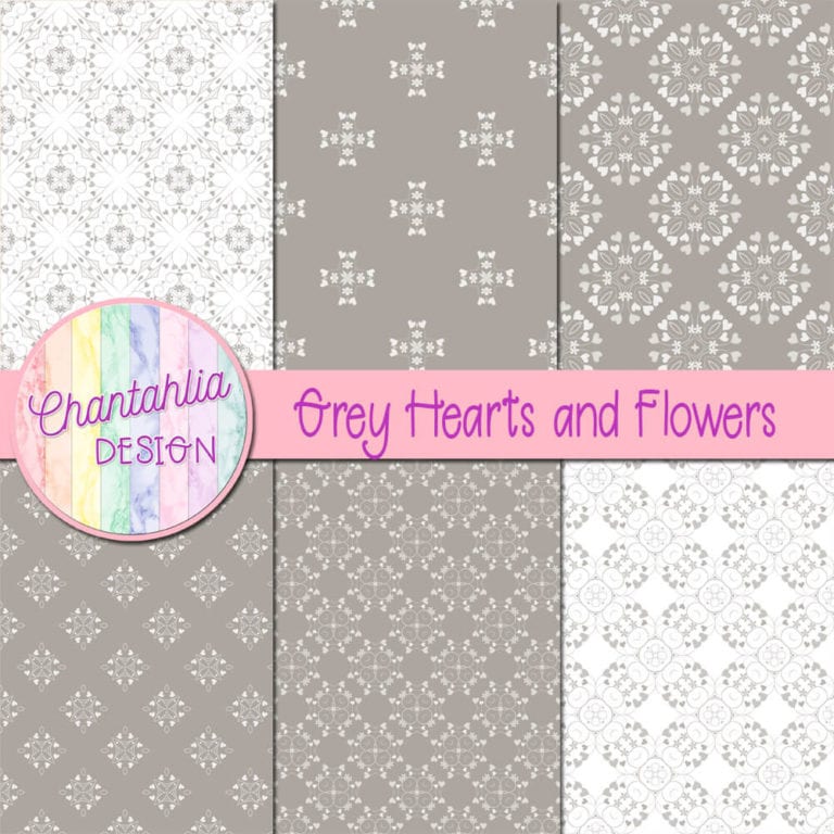 Free Digital Papers featuring Grey Hearts and Flowers Designs