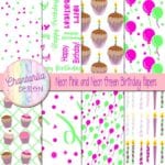 Free Neon Pink and Free Neon Green Digital Papers with Birthday Designs