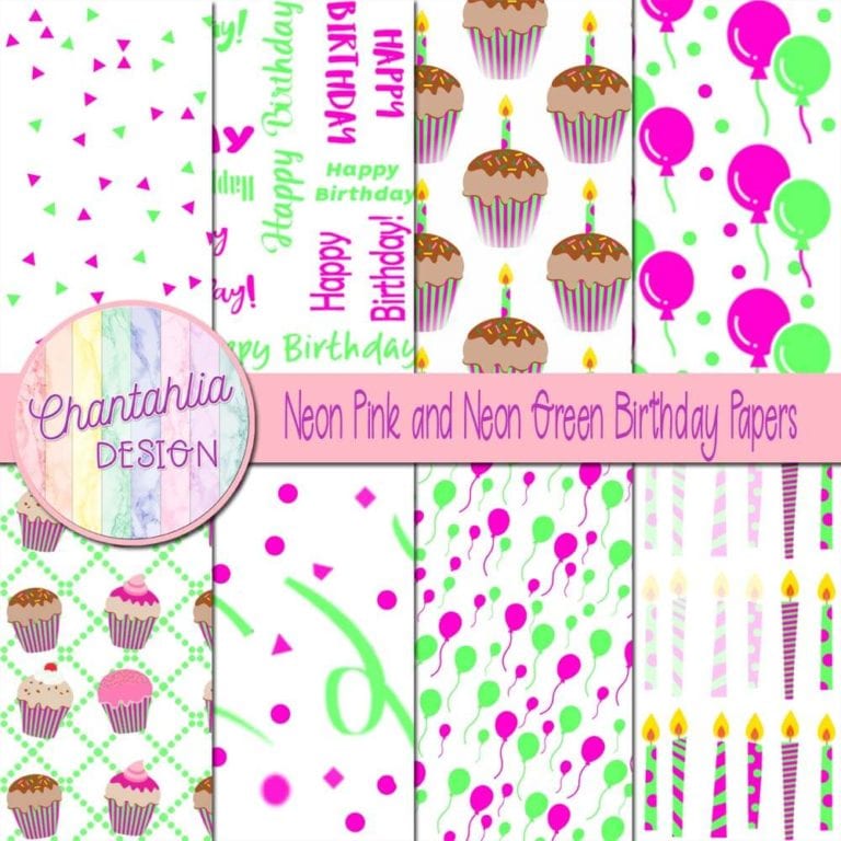Free Neon Pink and Free Neon Green Digital Papers with Birthday Designs