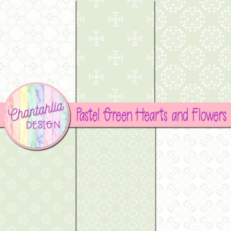 Free Digital Papers featuring Pastel Green Hearts and Flowers Designs