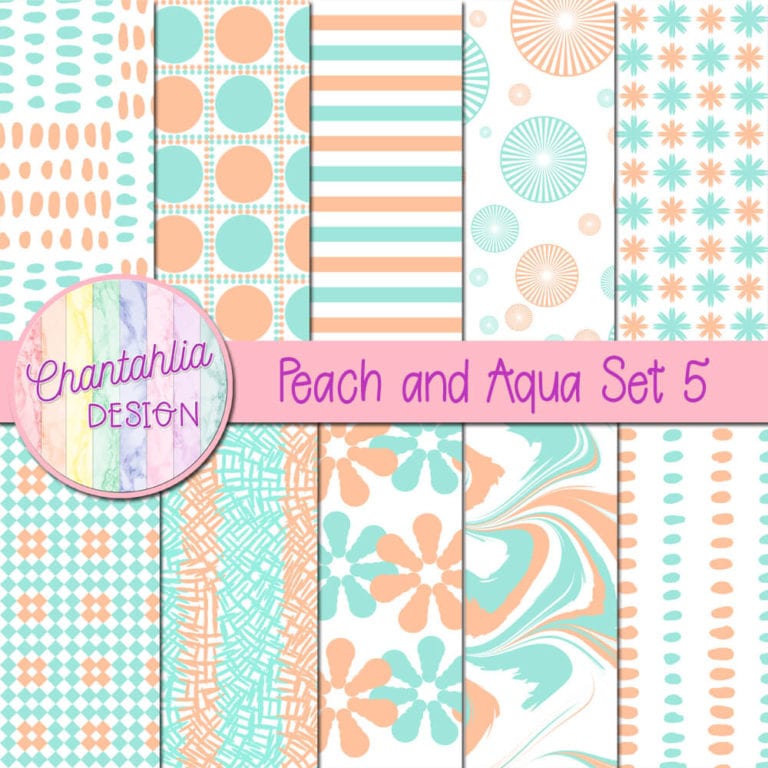 Free Peach and Aqua Digital Papers with Patterned Designs