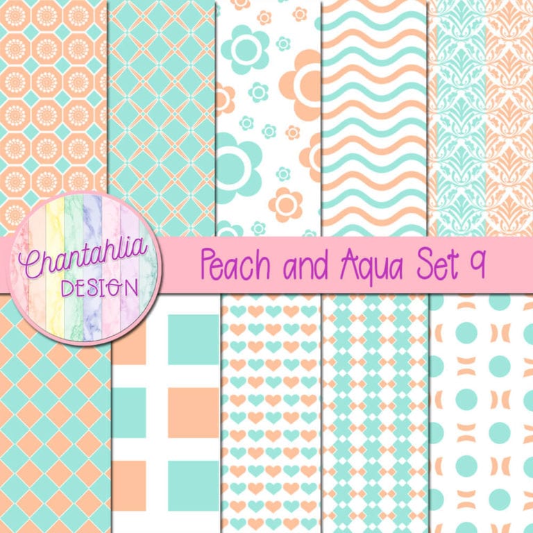 Free Peach and Aqua Digital Papers with Patterned Designs