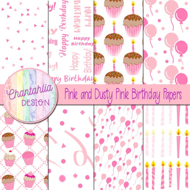 Free Pink and Dusty Free Pink Digital Papers with Birthday Designs