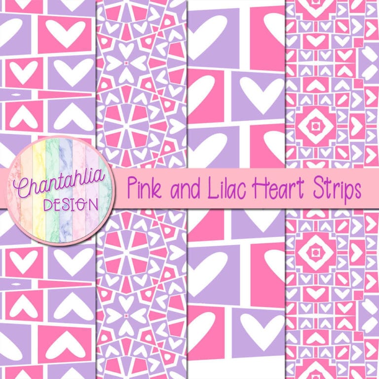 Free Pink and Lilac Digital Papers with Heart Strips Designs