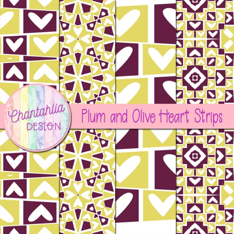 Free Plum and Olive Digital Papers with Heart Strips Designs