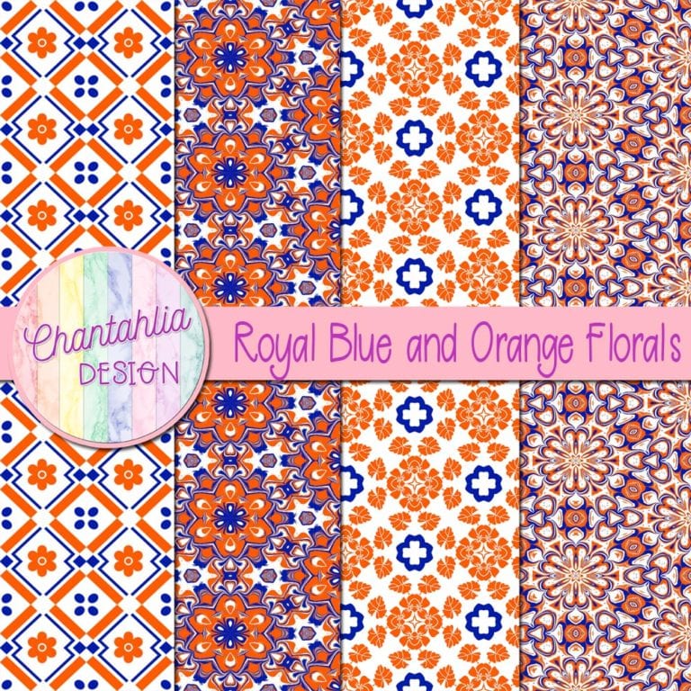Free Royal Blue and Orange Digital Papers with Florals Designs