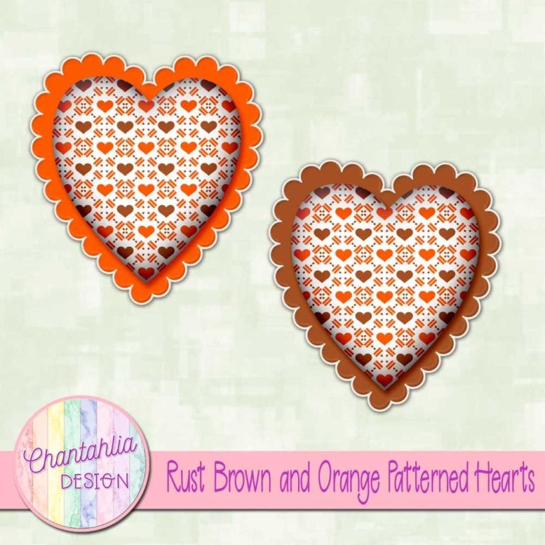 Free Rust Brown and Orange Patterned Hearts for Digital Scrapbooking