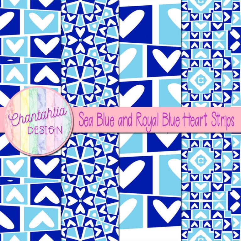 Free Sea Blue and Royal Blue Digital Papers with Heart Strips Designs