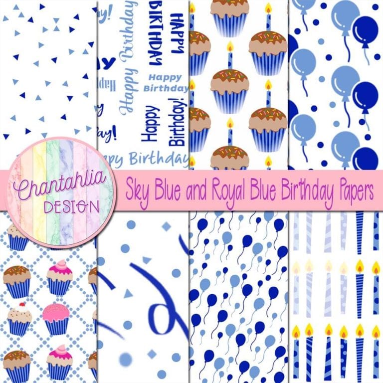 Free Sky Blue and Pink Digital Papers with Birthday Designs