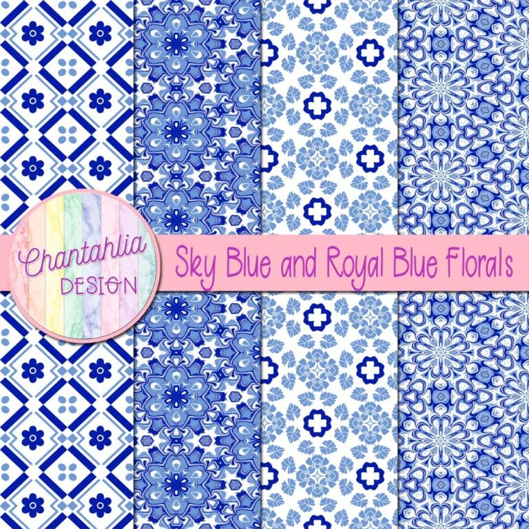 Free Sky Blue and Royal Blue Digital Papers with Florals Designs