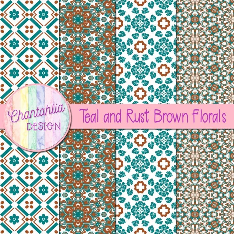 Free Teal and Rust Brown Digital Papers with Florals Designs