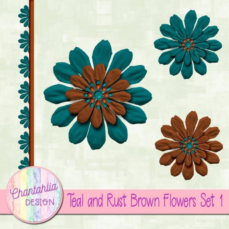 Free Teal and Rust Brown Flowers for Digital Scrapbooking