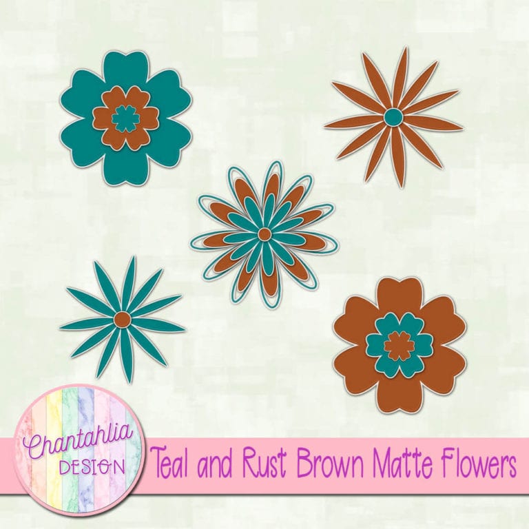 Free Teal and Rust Brown Matte Flowers for Digital Scrapbooking