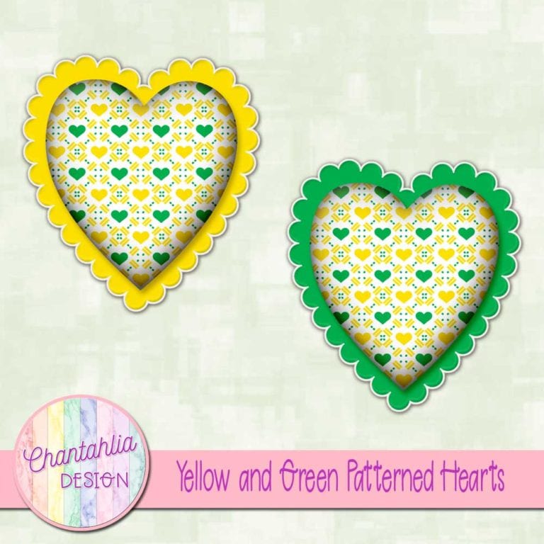 Free Yellow and Green Patterned Hearts for Digital Scrapbooking