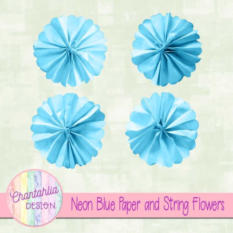 Free Paper and String Flowers Design Elements in Neon Blue