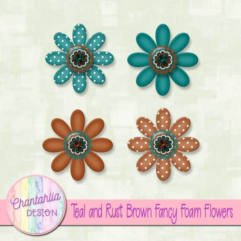 Free Teal and Rust Brown Fancy Foam Flowers for Digital Scrapbooking