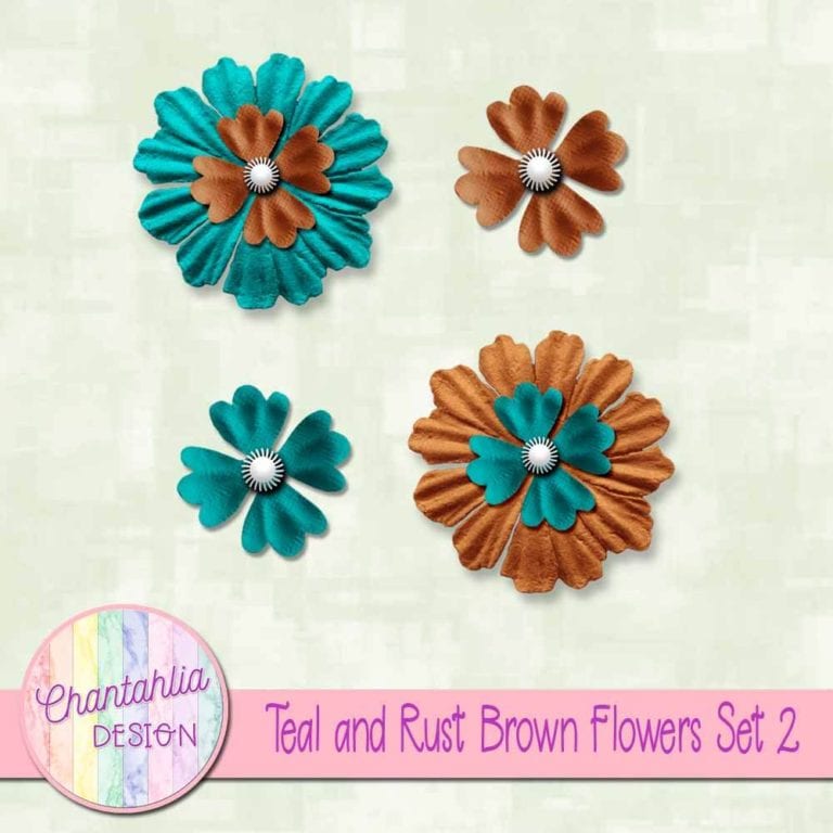 Free Teal and Rust Brown Flowers for Digital Scrapbooking