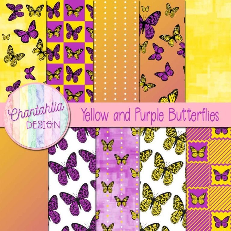 Free Yellow and Purple Digital Papers with Butterfly Designs