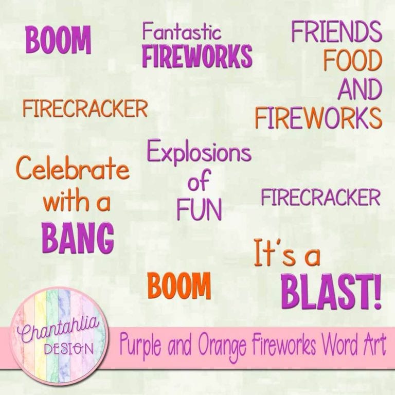 Free Purple and Orange Fireworks Word Art for Digital Scrapbooking