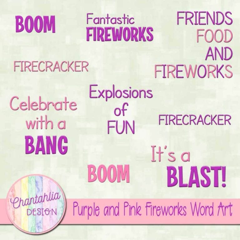 Free Purple and Pink Fireworks Word Art for Digital Scrapbooking