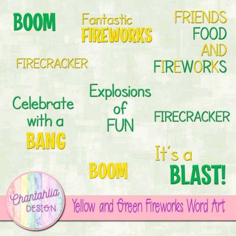 Free Yellow and Green Fireworks Word Art for Digital Scrapbooking