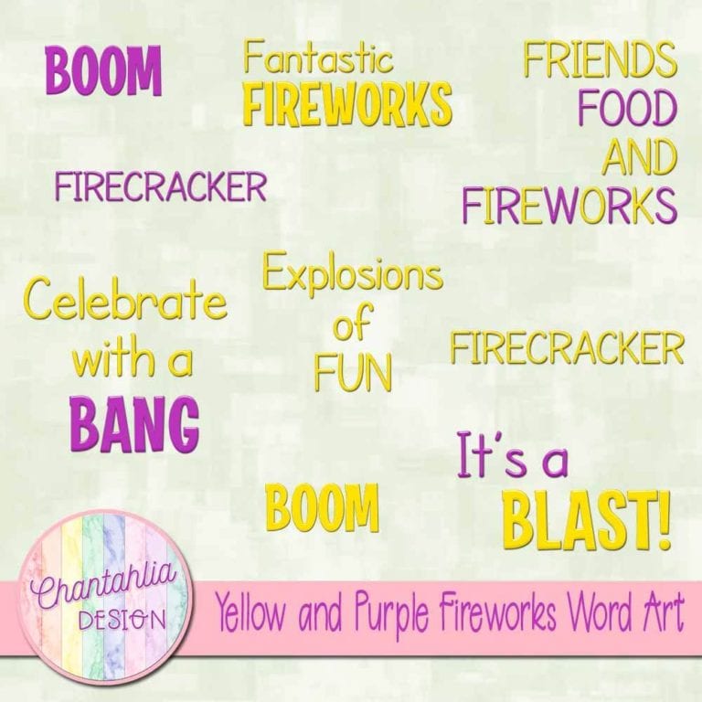 Free Yellow and Purple Fireworks Word Art for Digital Scrapbooking