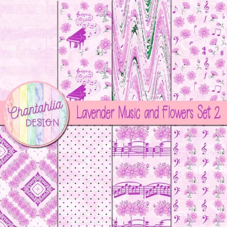 Free Digital Papers with Lavender Music and Flowers Designs