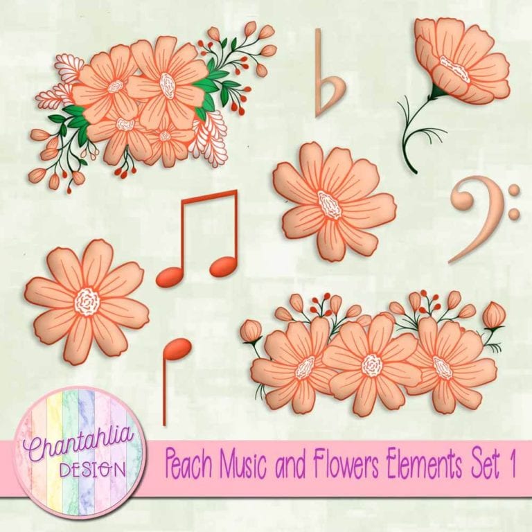 Free Peach Music and Flowers Design Elements for Digital Scrapbooking