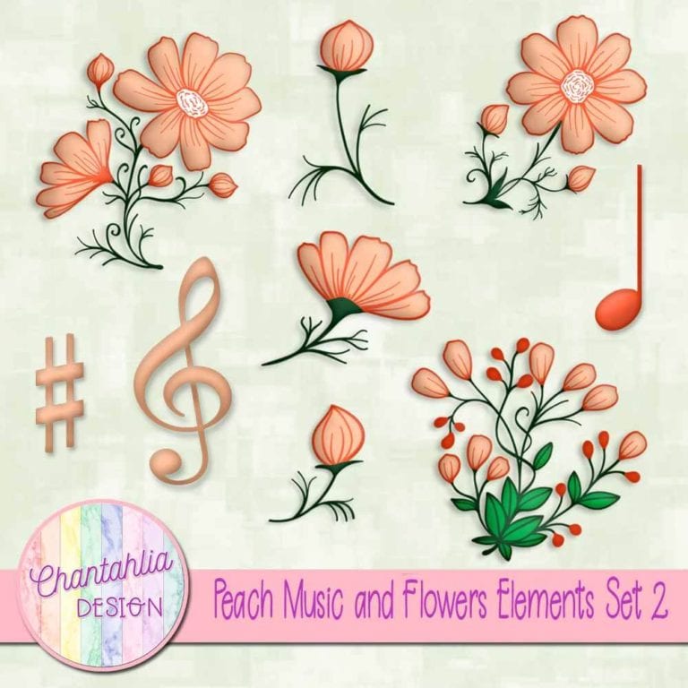 Free Peach Music and Flowers Design Elements for Digital Scrapbooking