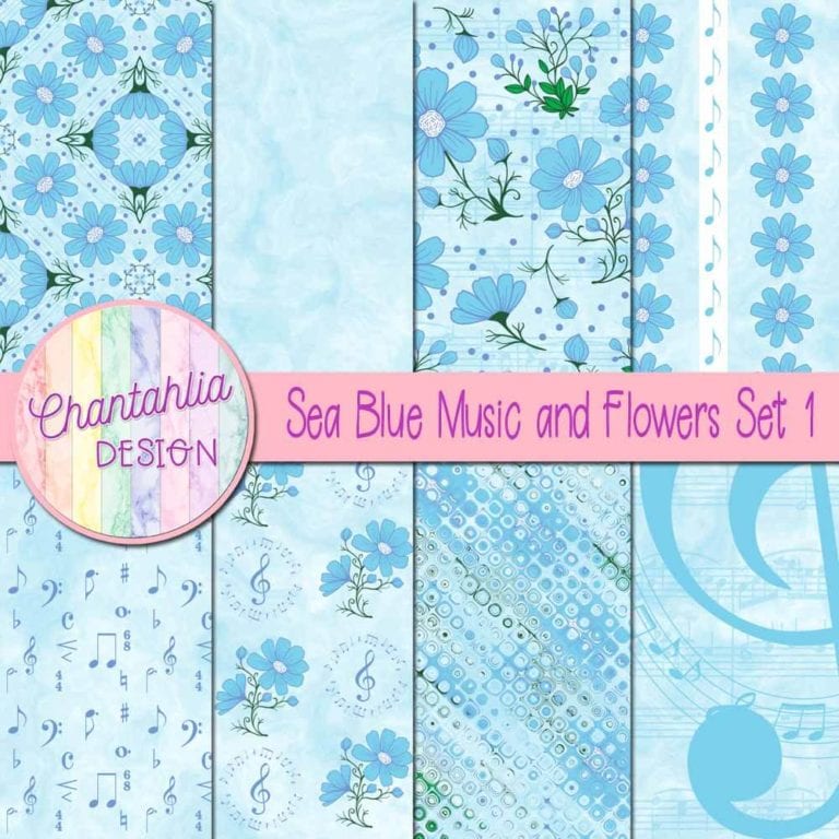 Free Digital Papers with Sea Blue Music and Flowers Designs