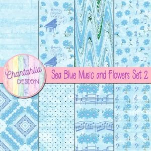 Free Digital Papers with Sea Blue Music and Flowers Designs