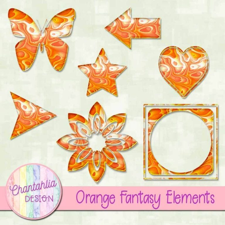 Free Design Elements in an Orange Fantasy Theme for Digital Scrapbooking