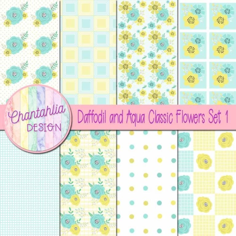Free Daffodil and Aqua Classic Flowers Digital Papers