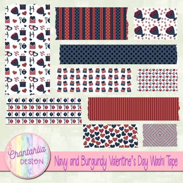 Free Navy and Burgundy Valentine's Day Washi Tape for Digital Scrapbooking