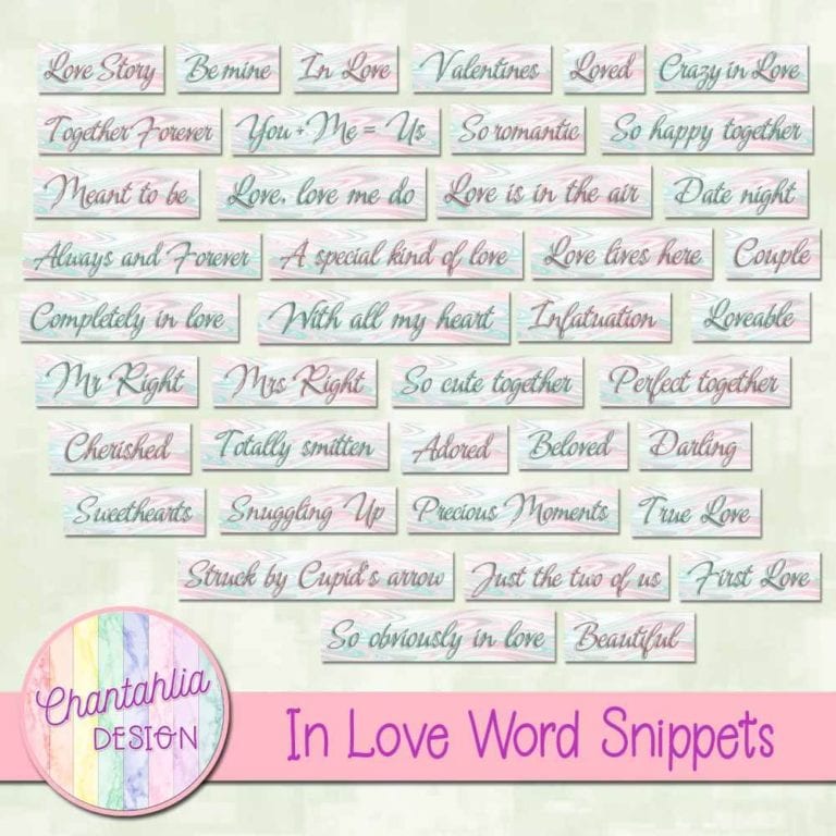 Free Word Snippets in an In Love Theme for Digital Scrapbooking