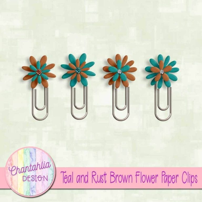 Free Teal and Rust Brown Flower Paper Clips for Digital Scrapbooking